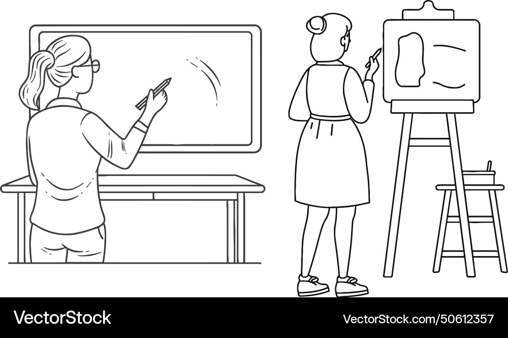 A teacher explains lesson on classroom board Vector Image