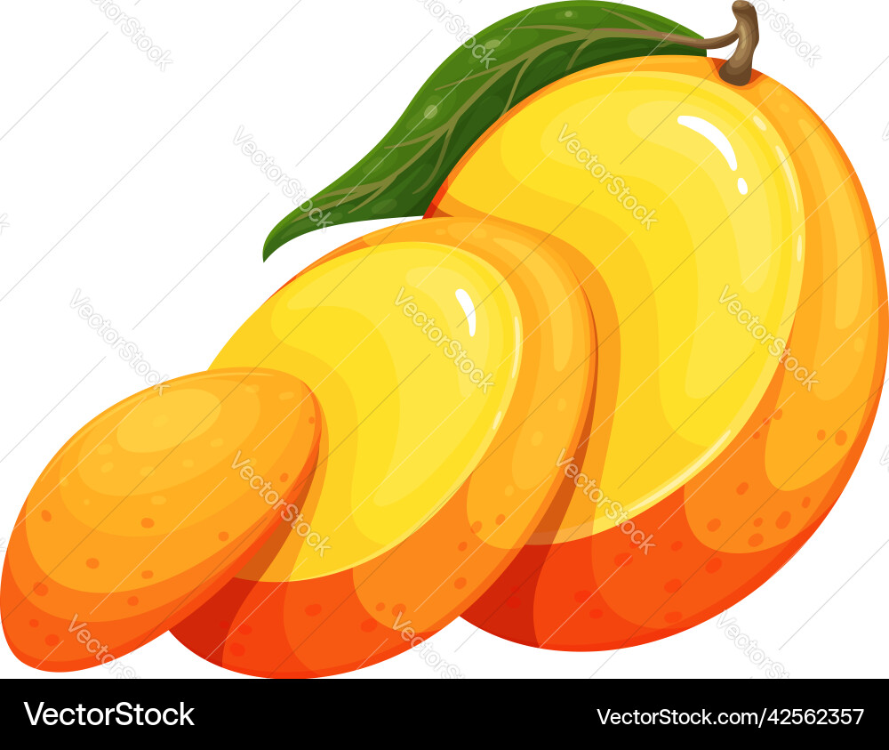 Half mango with leaf and ripe pieces Royalty Free Vector