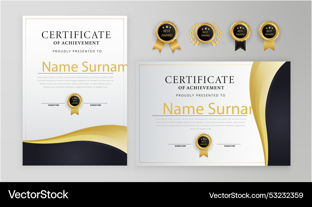 Black and gold certificate with badges border Vector Image