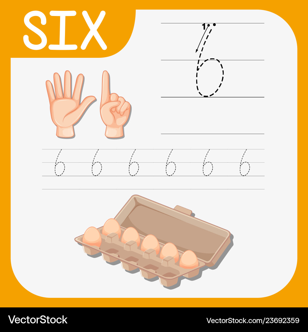Number six tracing worksheets Royalty Free Vector Image