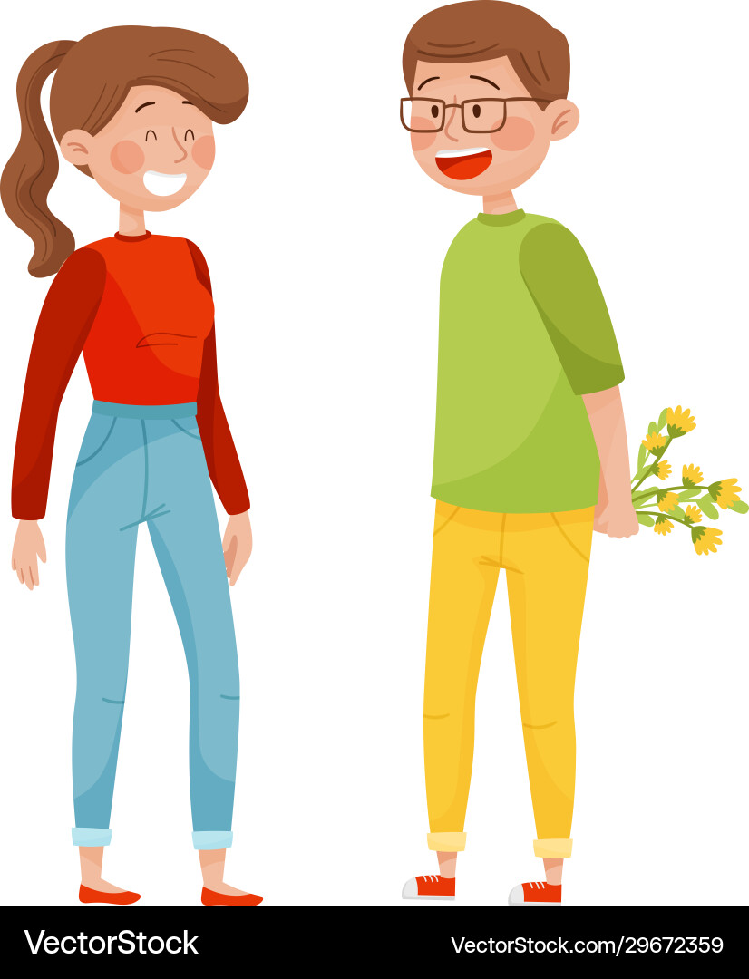 Young flushed man hiding bunch flowers behind Vector Image