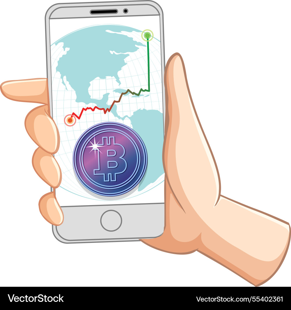 Hand holding phone with bitcoin and growth chart Vector Image