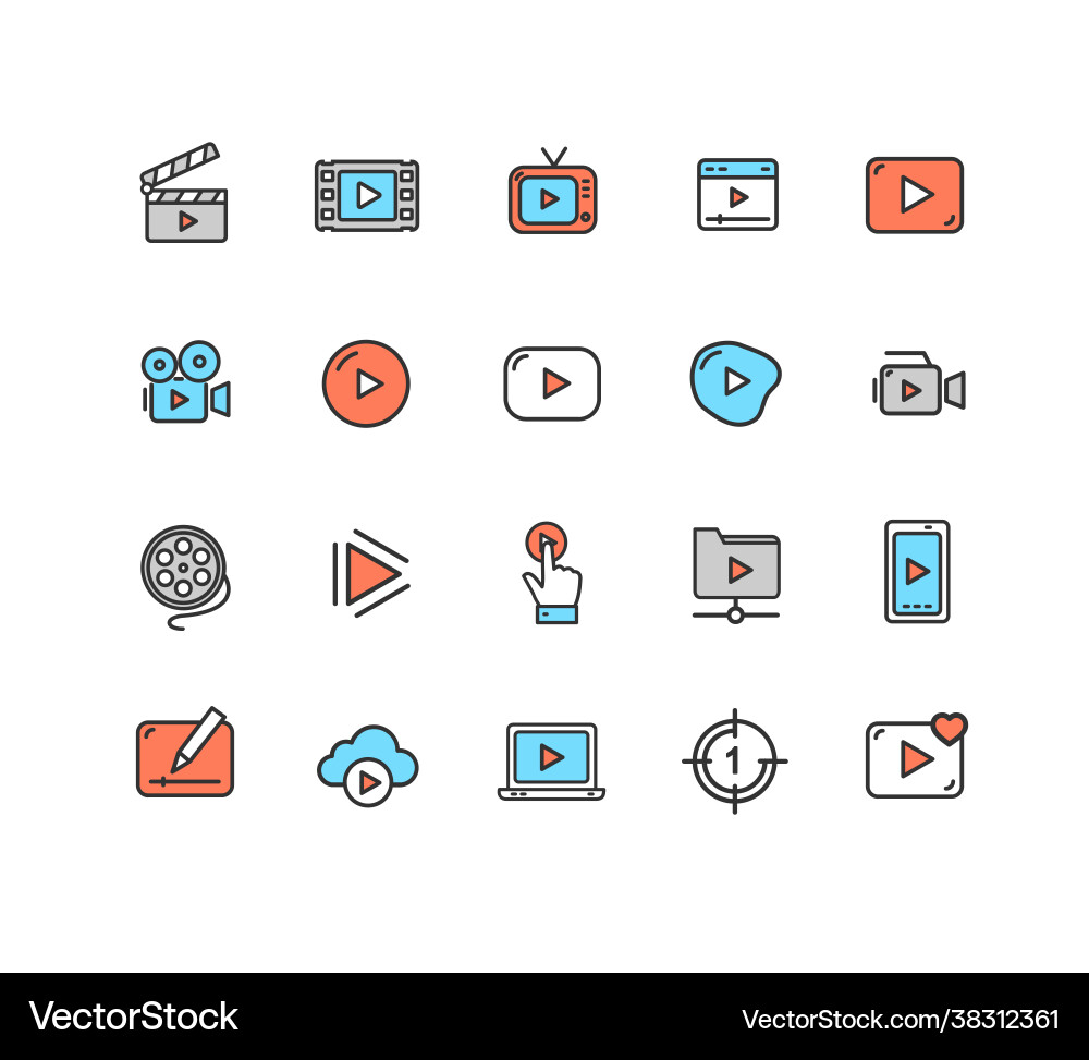 Video play sign color thin line icon set Vector Image