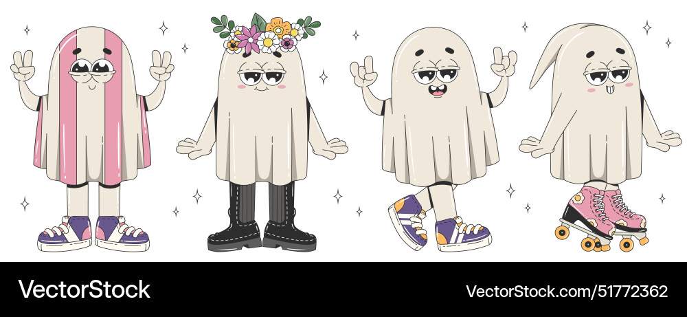 Groovy halloween ghost set cute retro cartoon Vector Image