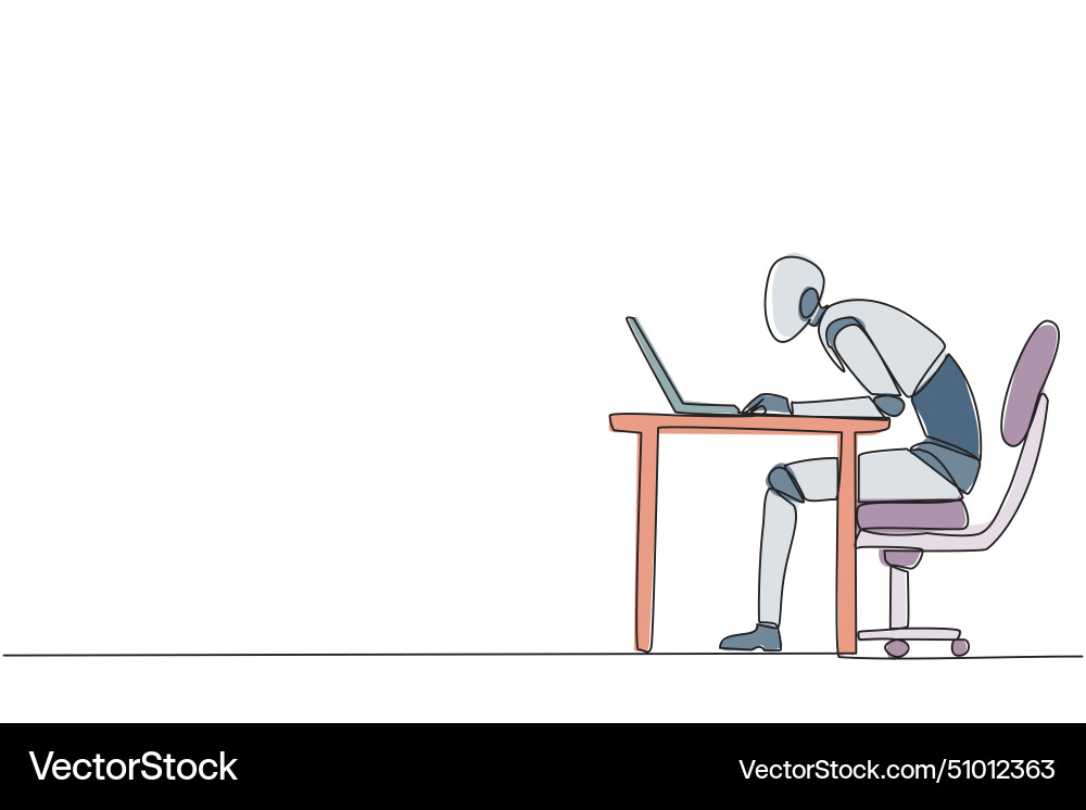 Single one line drawing robot sitting and typing Vector Image