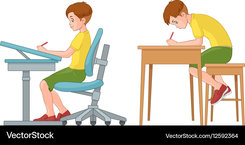 Student Sitting Posture - Correct vs. Incorrect Vector Image