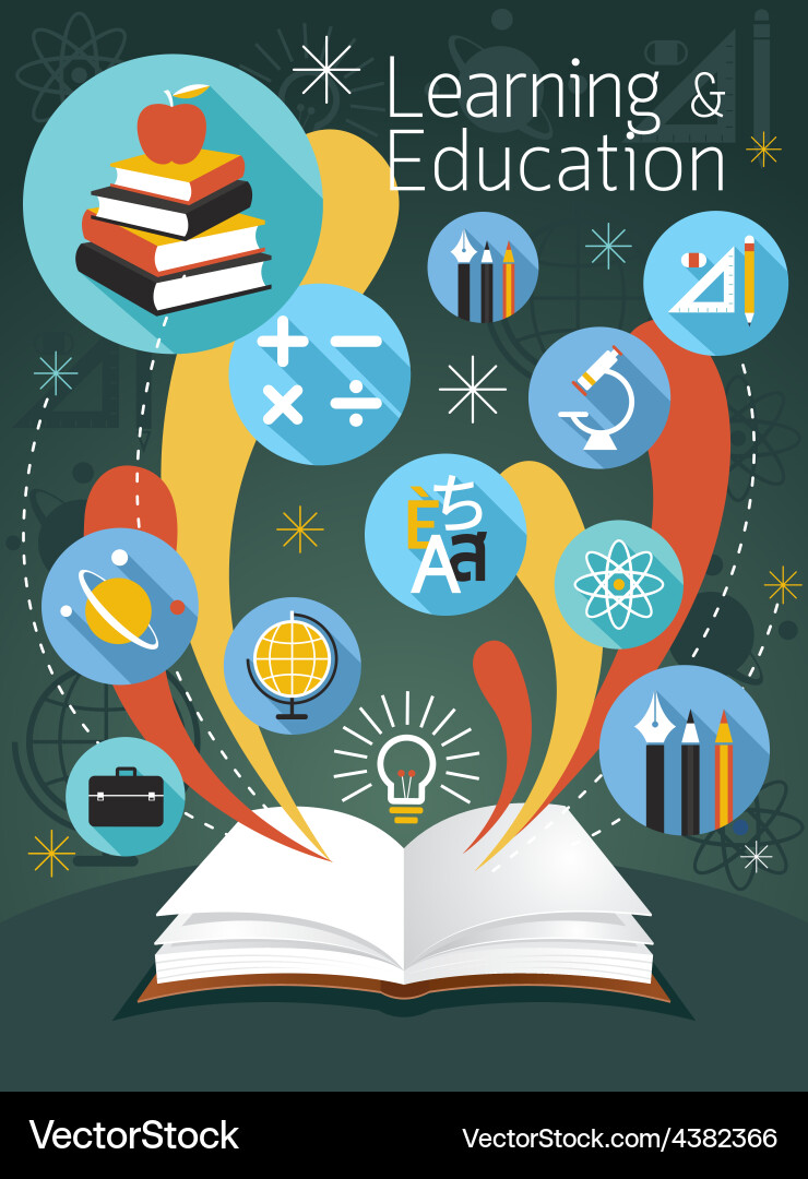 Open book with education icons Royalty Free Vector Image