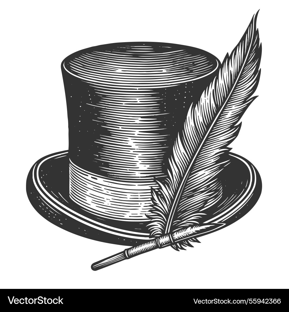 Top hat and quill pen engraving Royalty Free Vector Image