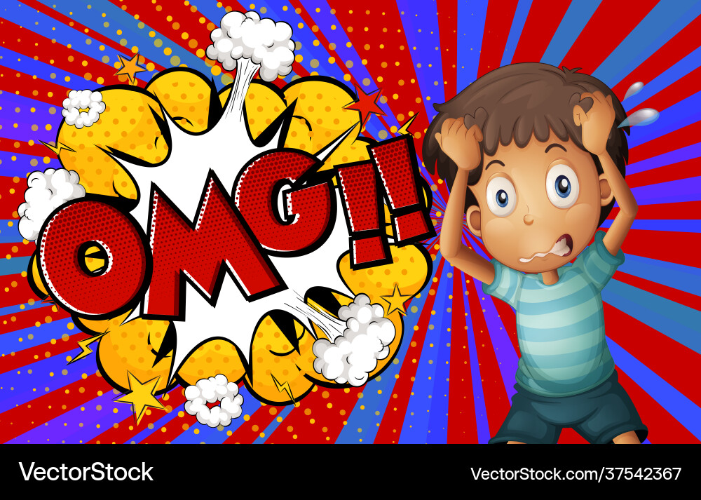 Omg word on explosion background with boy cartoon Vector Image
