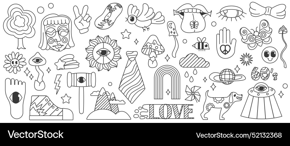 Groovy line psychedelic stickers set flower Vector Image