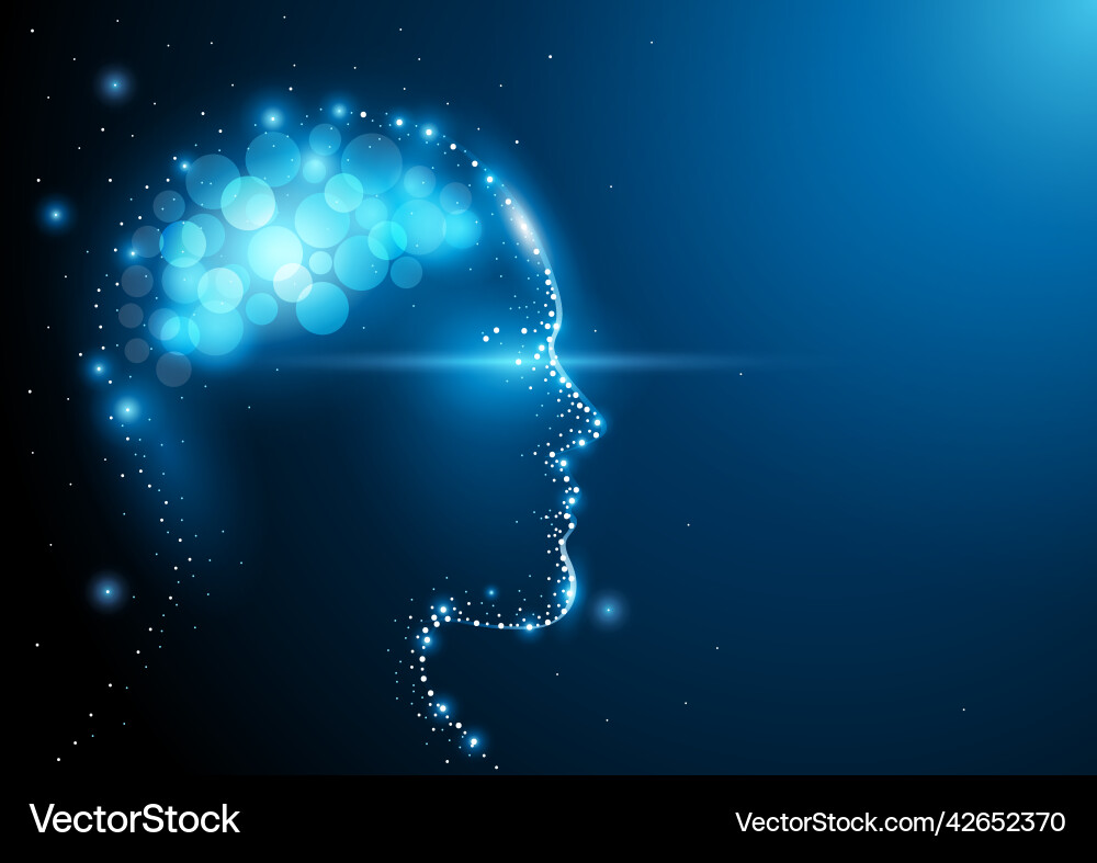 Glowing particles of human face with bright brain Vector Image