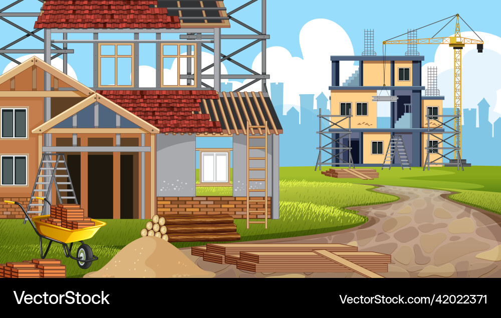Cartoon scene of building construction site Vector Image