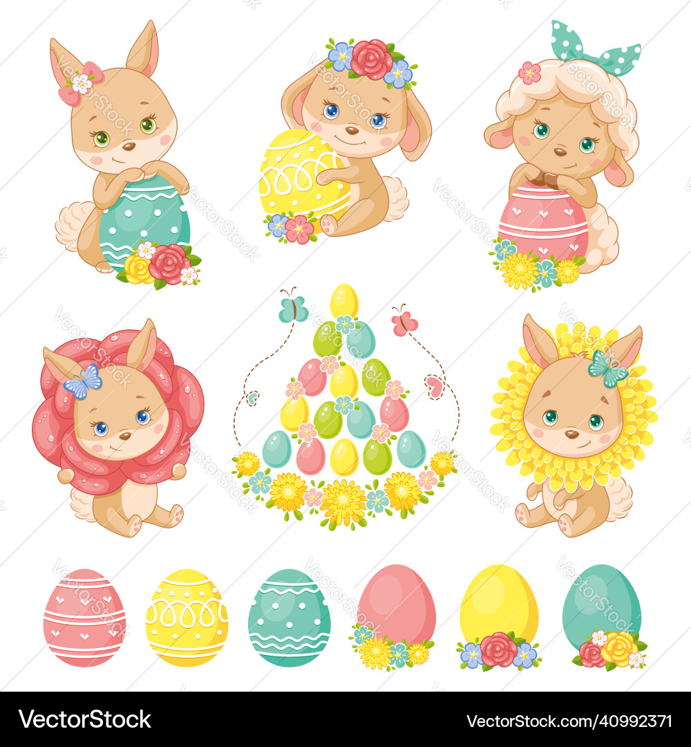 Easter set with bunnies sheep and eggs cartoon Vector Image