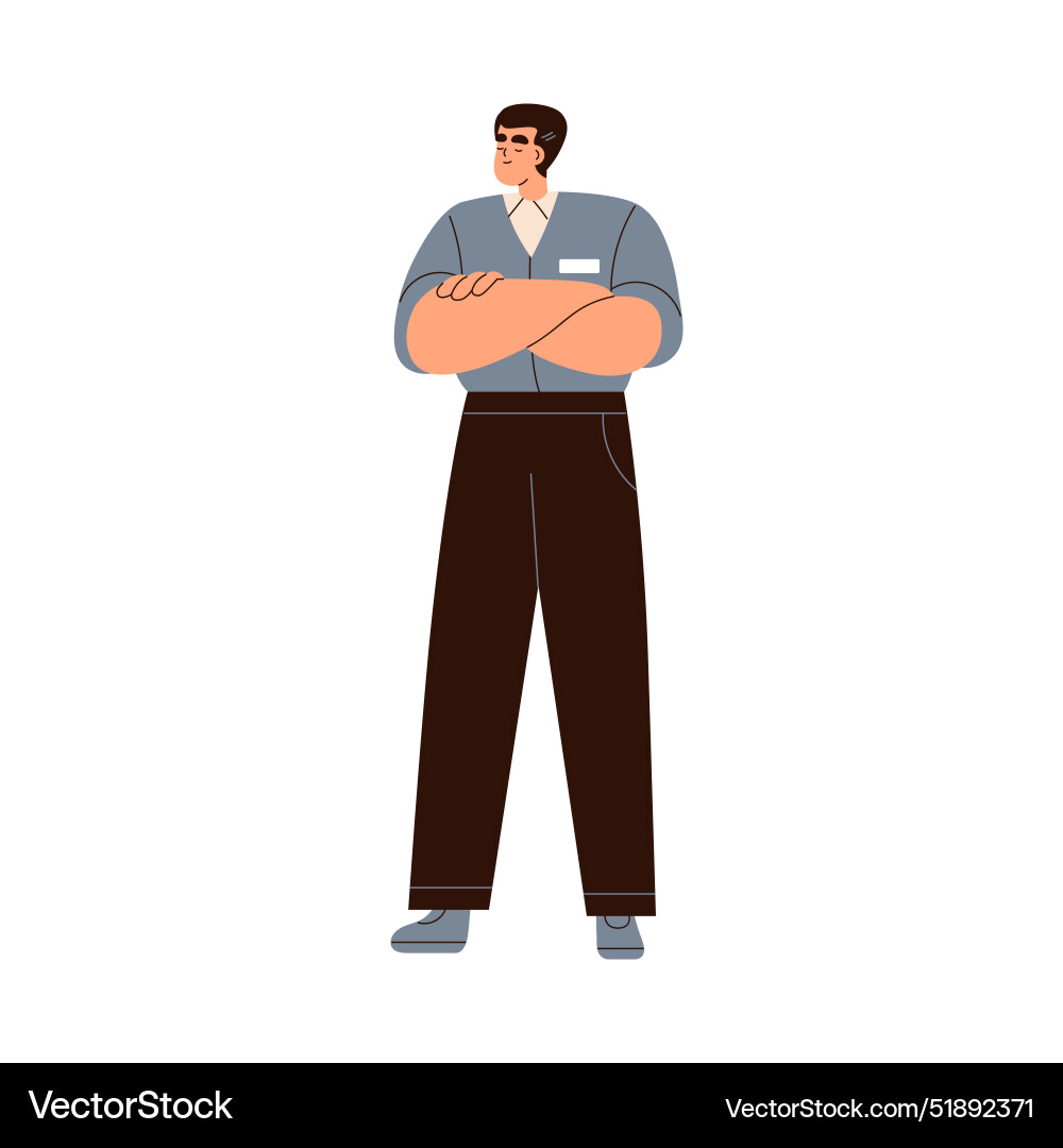 Security guard on duty standing with arms crossed Vector Image