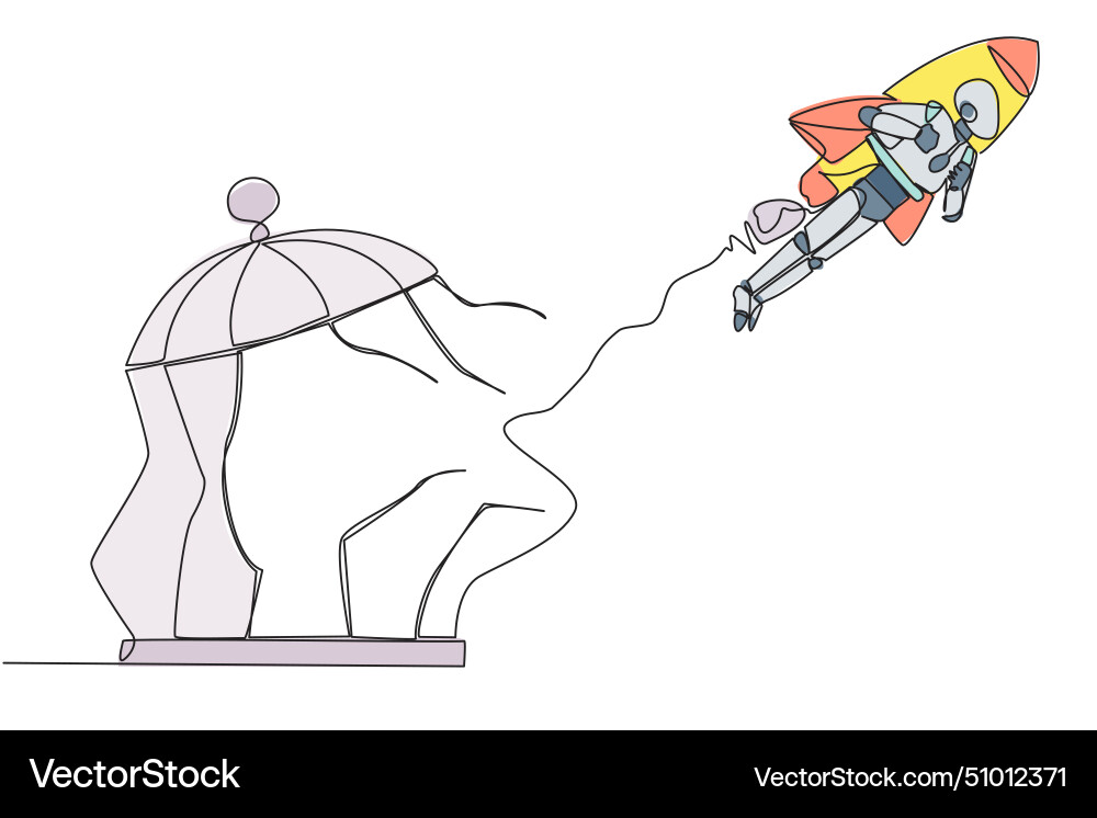Single one line drawing robot flying with rocket Vector Image