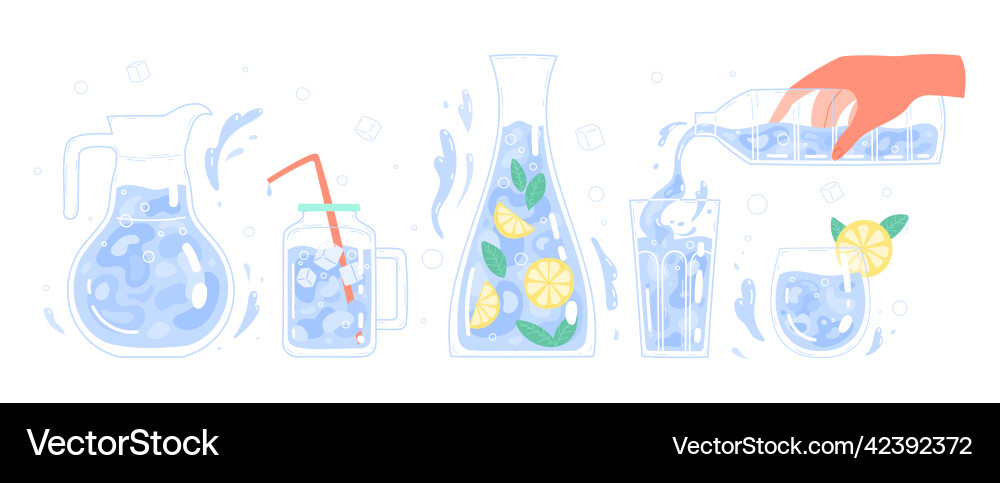 Clean drinking water in different glass containers