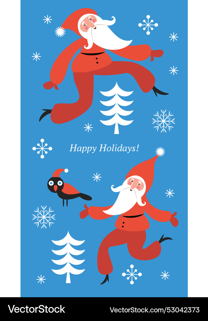 Funny dancing santa clauses christmas card Vector Image