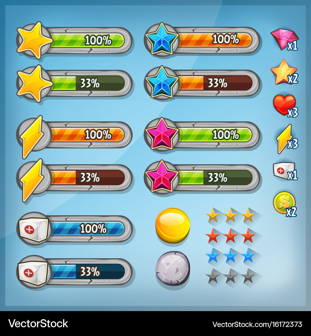 Game ui kit with icons and status bars Royalty Free Vector