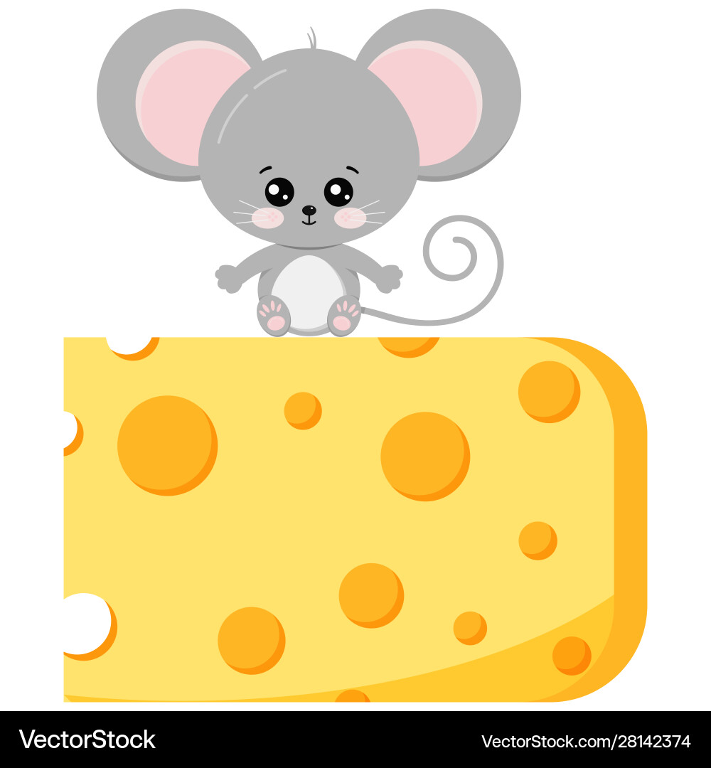 Cute baby mouse on piece cheese flat Royalty Free Vector