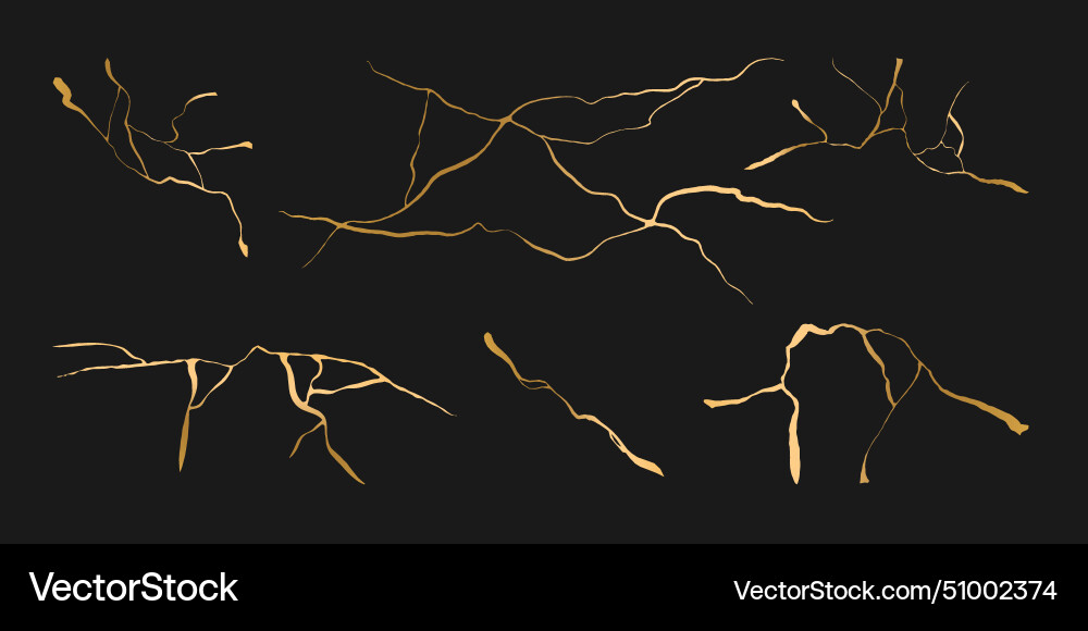 Gold kintsugi crack isolated elements Royalty Free Vector