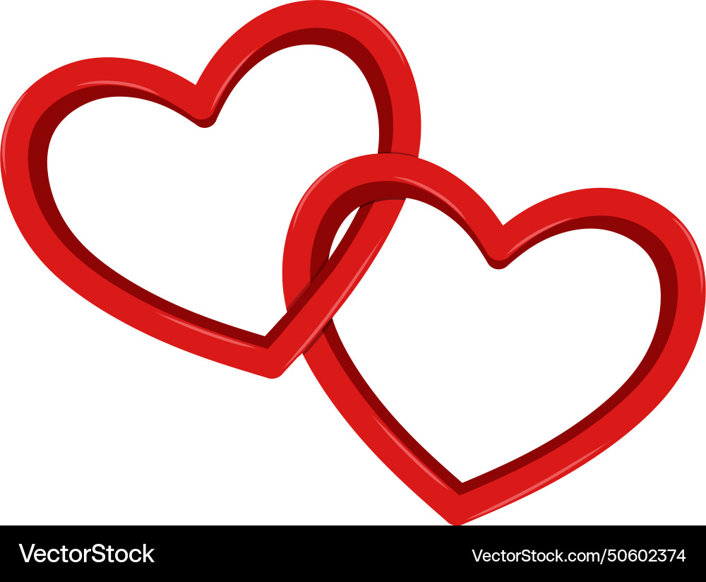 Two crossed red heart shaped rings link together Vector Image