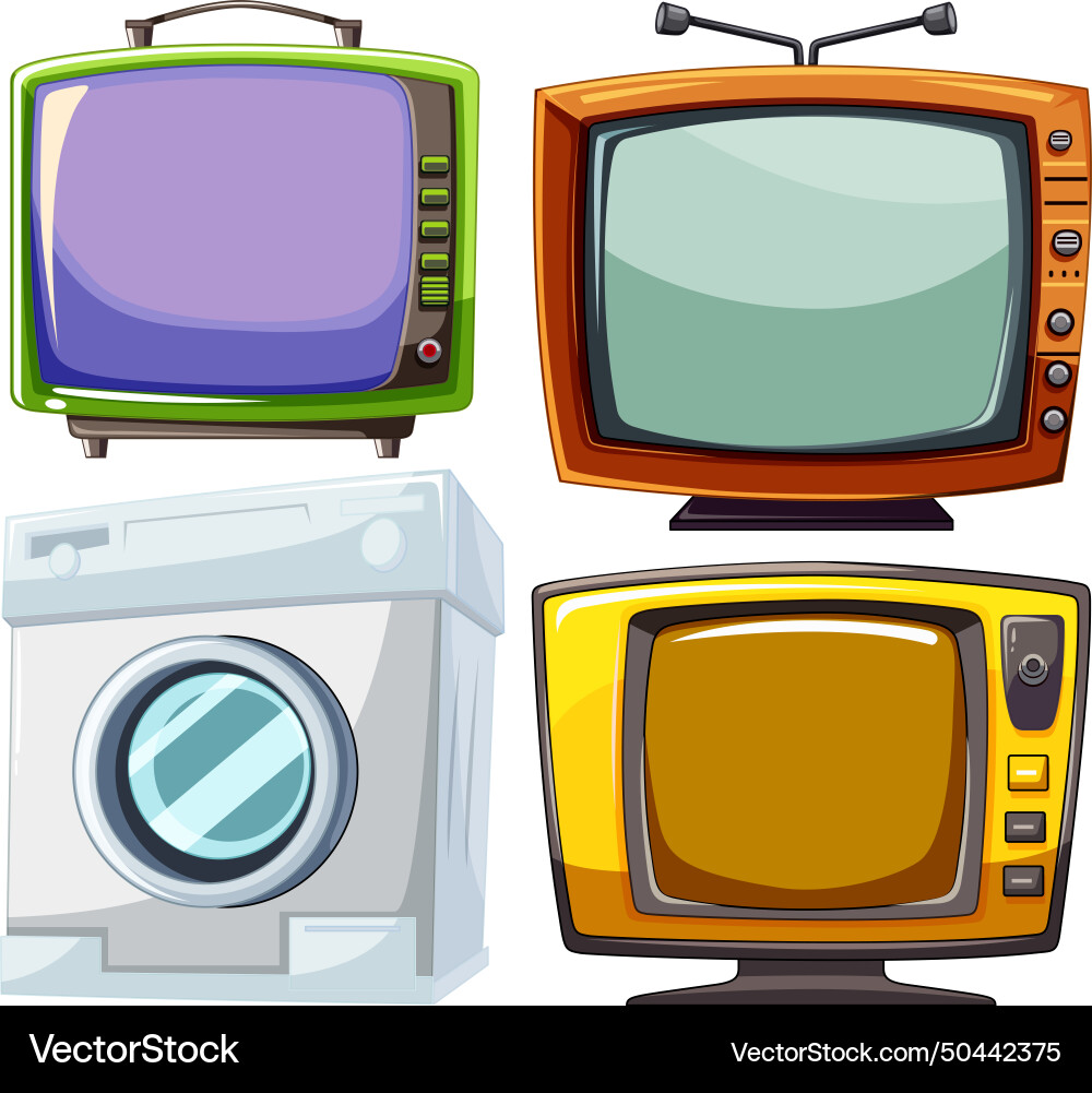 Colorful retro tvs and a white washing machine Vector Image