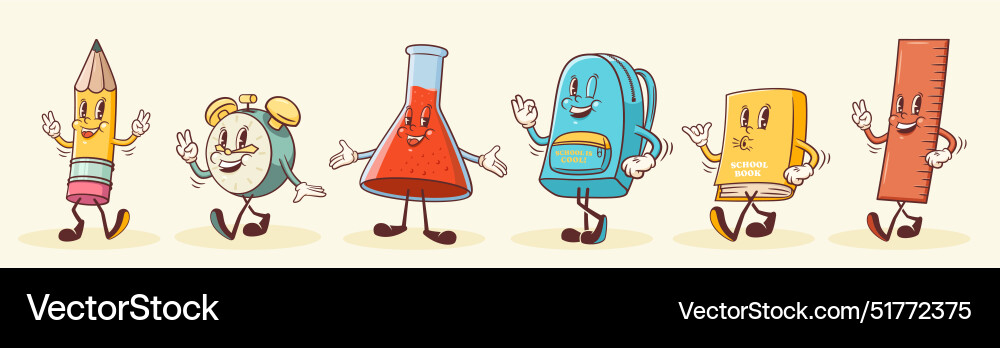 Groovy back to school retro characters set Vector Image