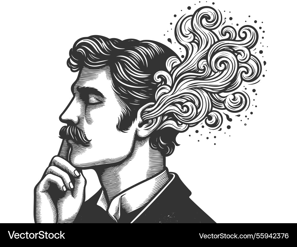 Man with swirling thoughts engraving sketch Vector Image