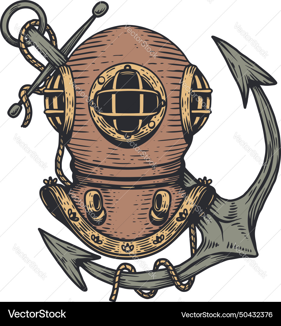 Vintage diver helmet with anchor nautical dive Vector Image