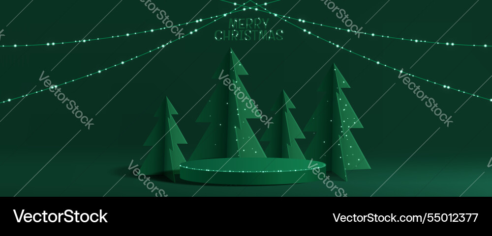 Green christmas podium with paper cut pine trees Vector Image