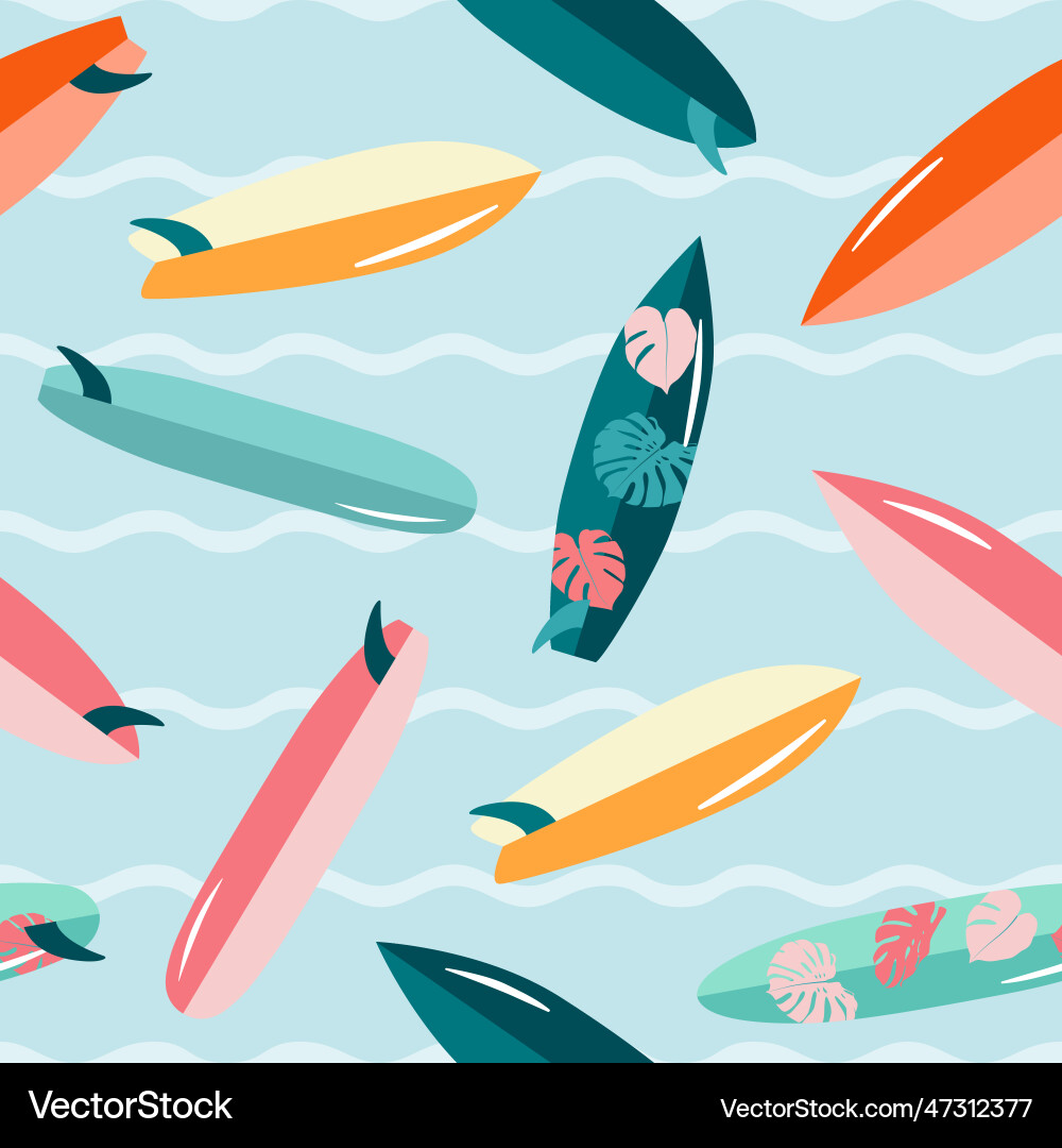 Surfboards with tropical leaves on waves pattern Vector Image