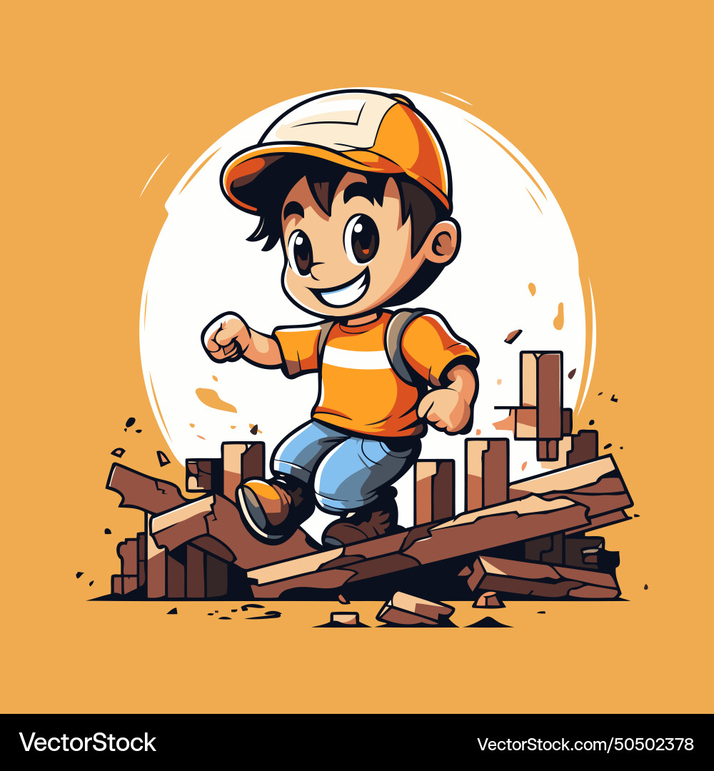 Cartoon boy builder building a wall Royalty Free Vector