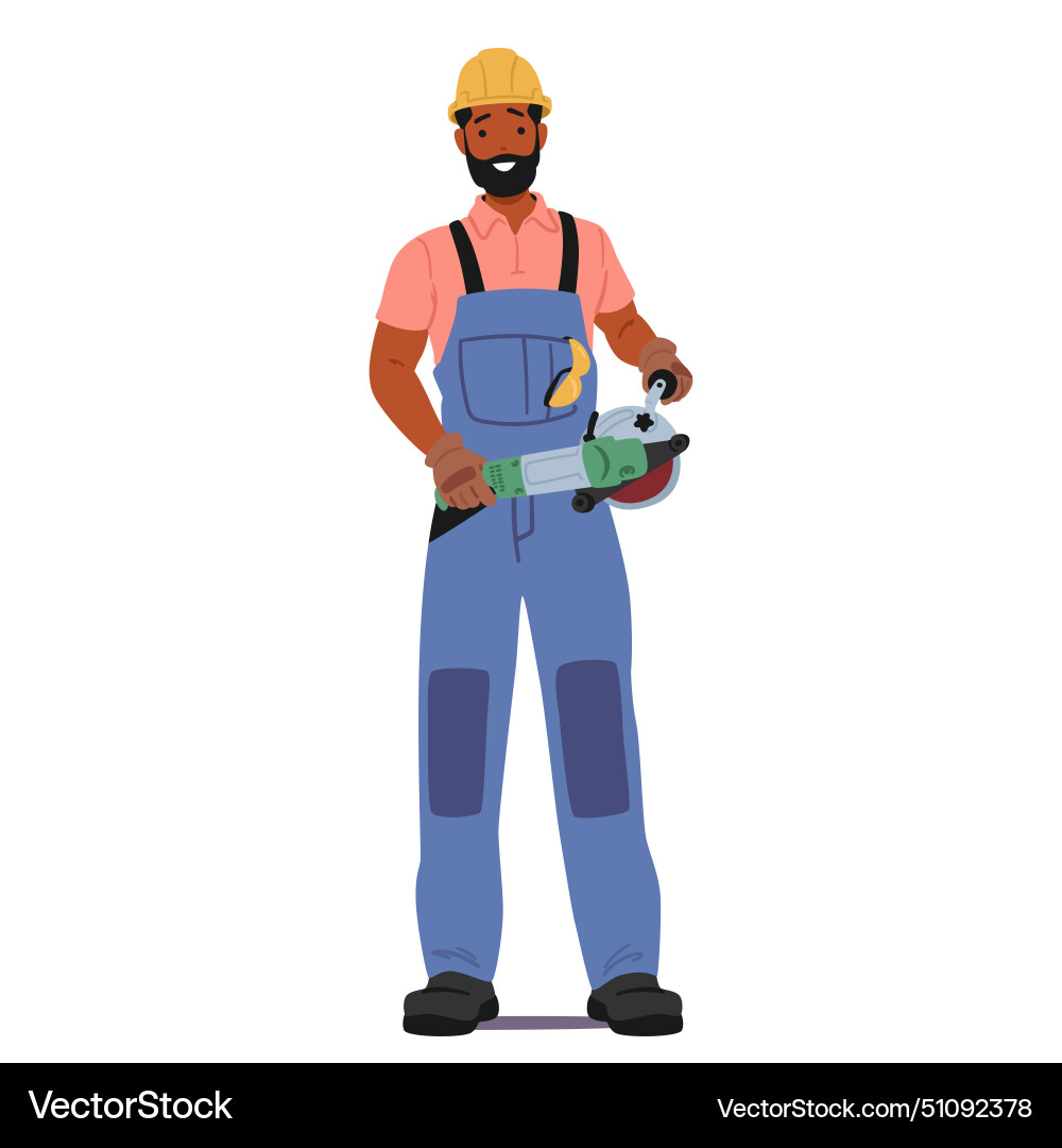 Construction worker stands poised with grinder Vector Image