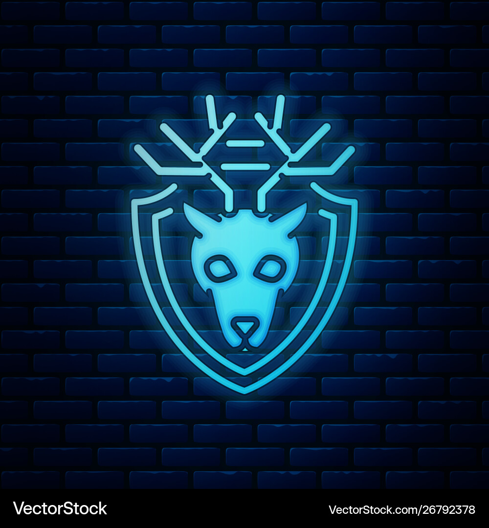 Glowing neon deer head with antlers on shield icon