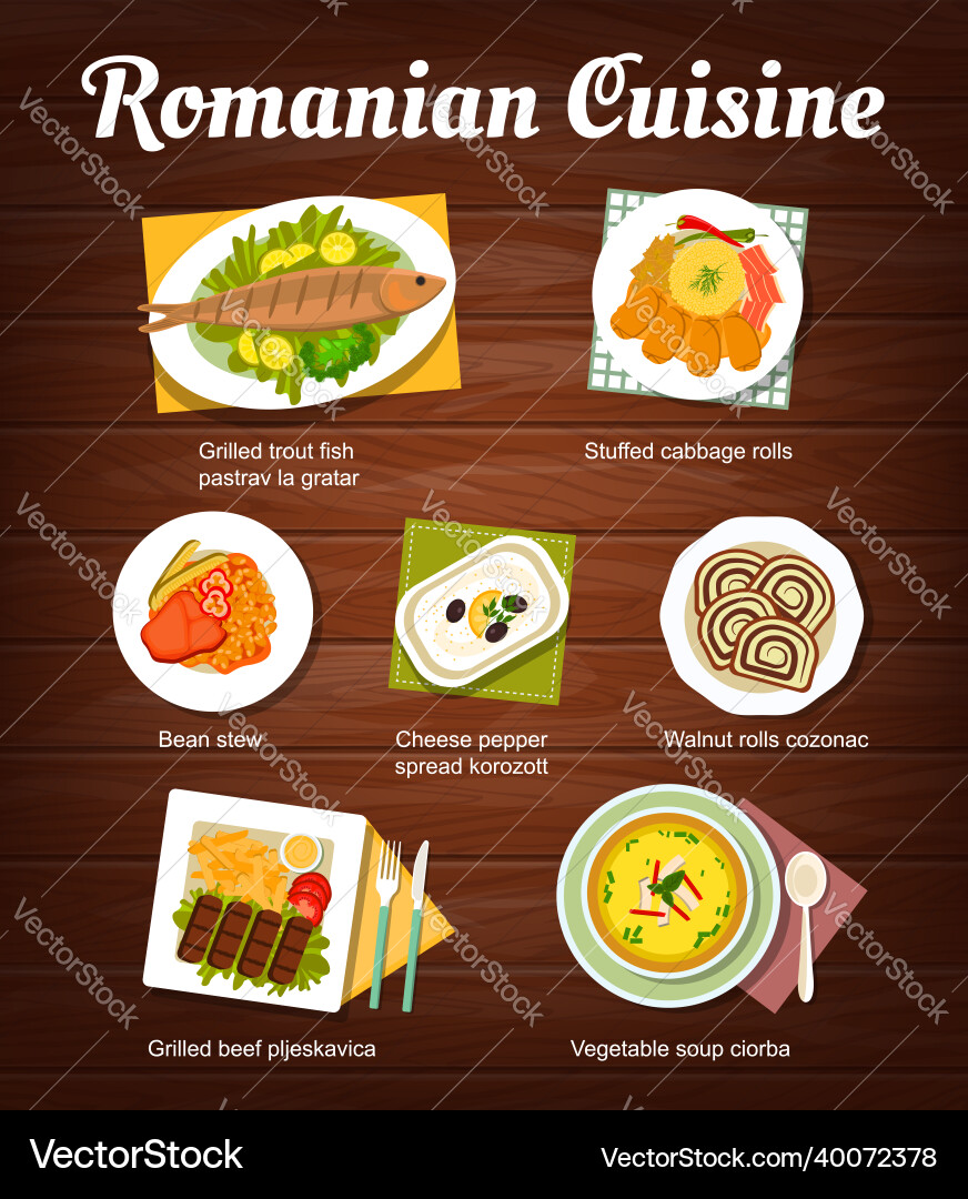 Romanian cuisine meals and dishes menu page Vector Image
