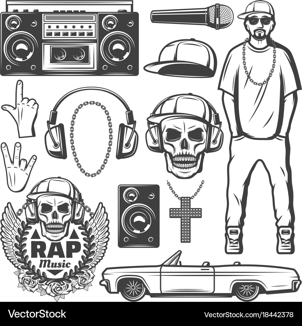 Vintage rap music elements collection Royalty Free Vector