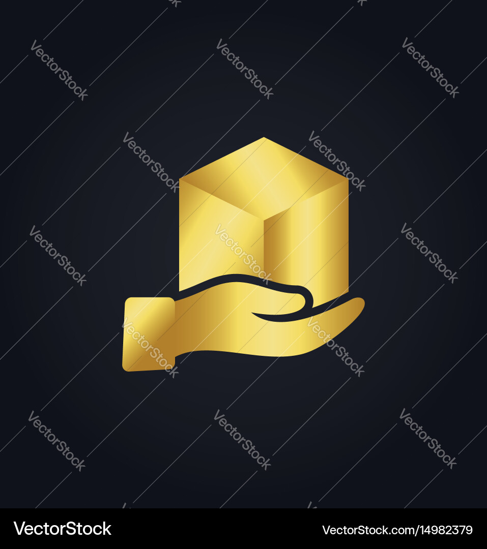 Gold gift box hand logo Royalty Free Vector Image