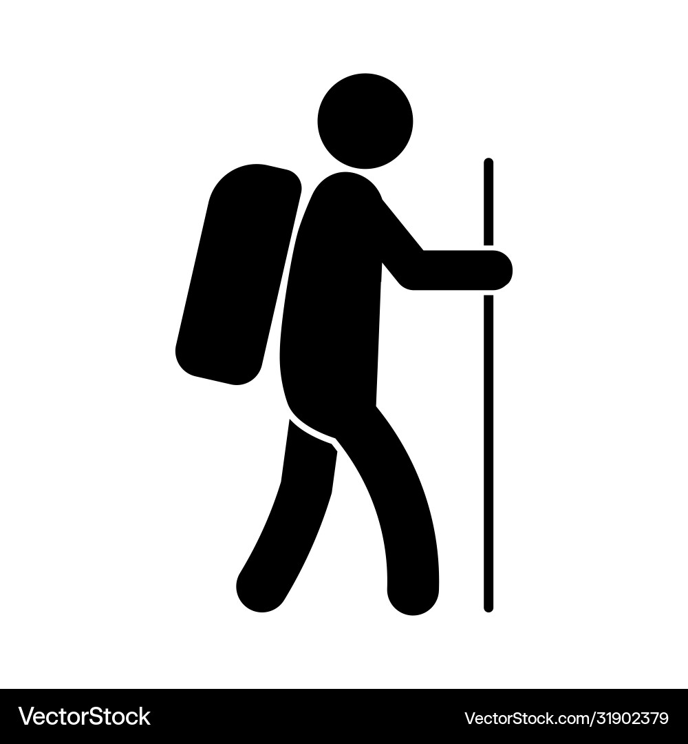 Stick figure man backpacking hiking holding Vector Image