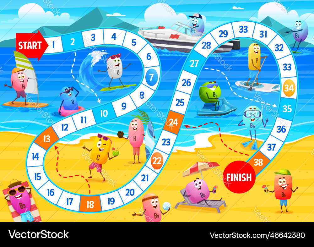 Kids step board game cartoon vitamin characters Vector Image