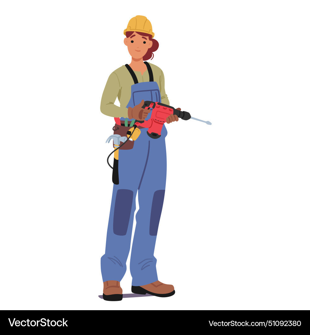 Sturdy female construction worker character stands