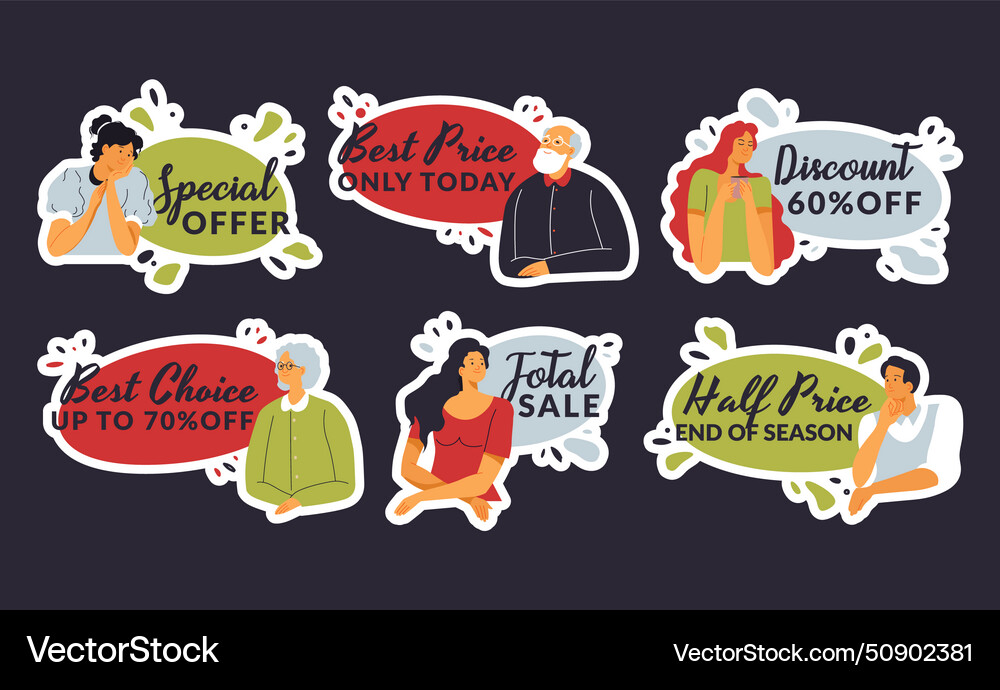 Sticker design set with flat people character Vector Image