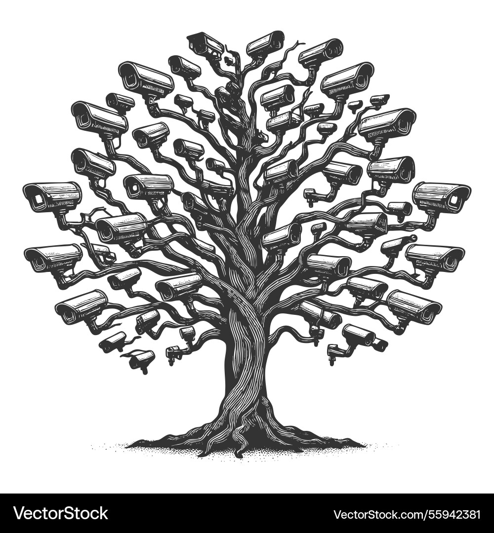 Tree with security cameras engraving Royalty Free Vector