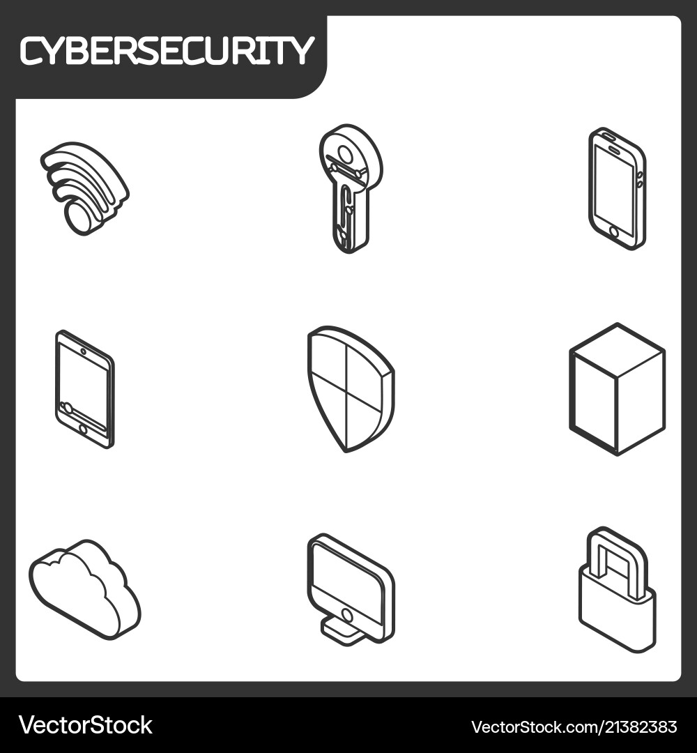 Cybersecurity outline isometric icons Royalty Free Vector