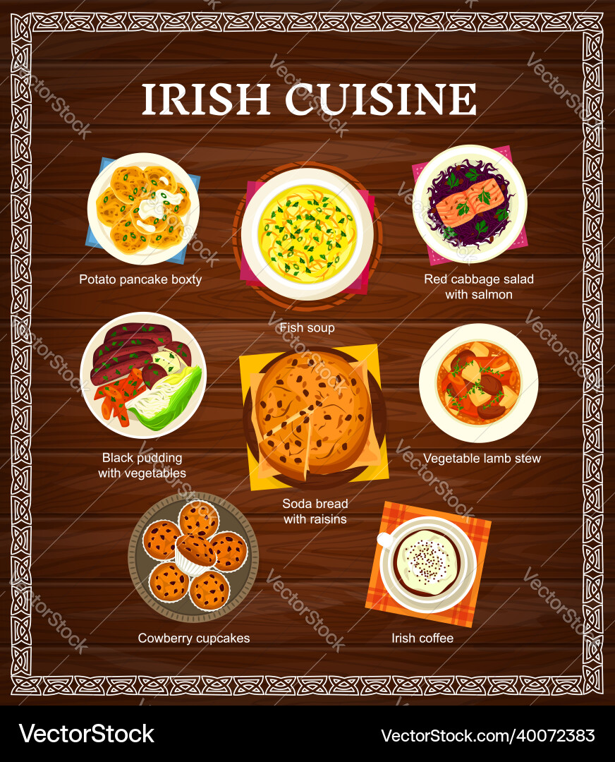 Irish cuisine menu with ireland dishes Royalty Free Vector