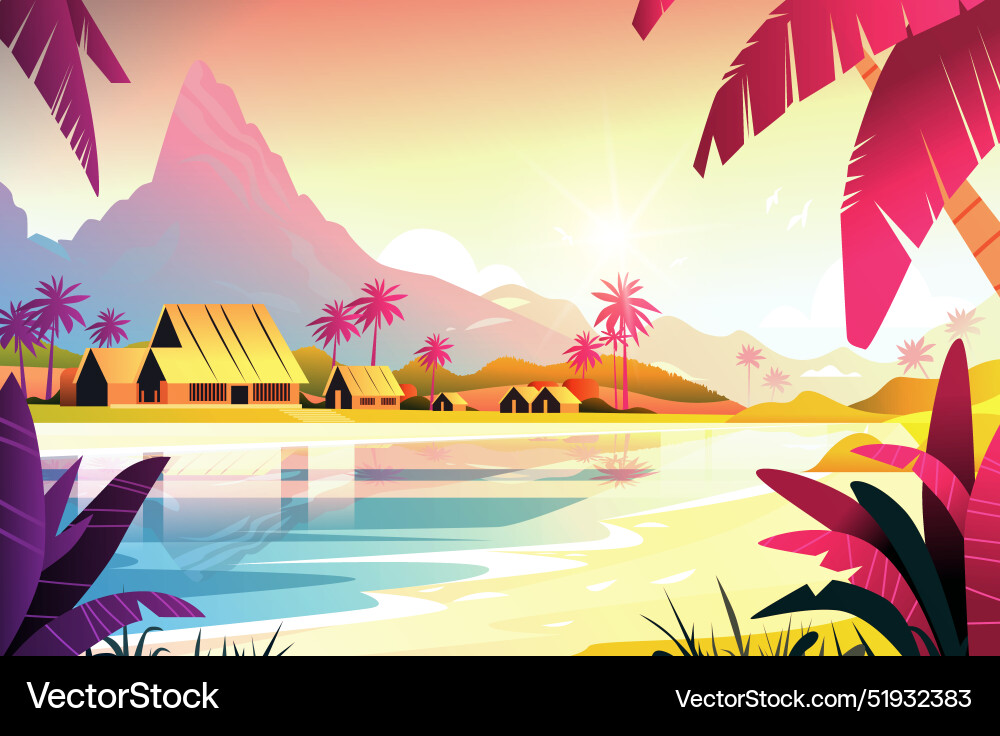 Tropical beach landscape with huts palm trees Vector Image