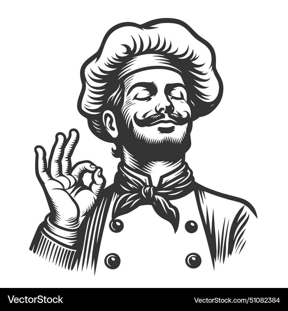 Chef gesturing perfect taste engraving Royalty Free Vector