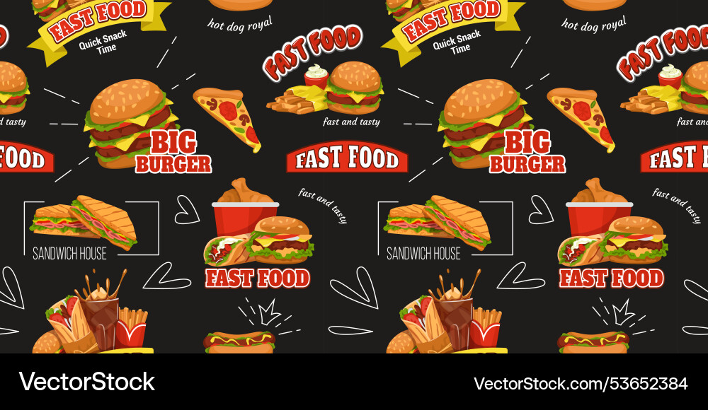 Fast food background logo design menu pattern Vector Image