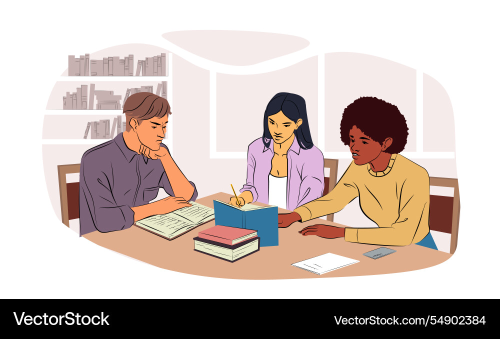 Group studying together in library Royalty Free Vector Image