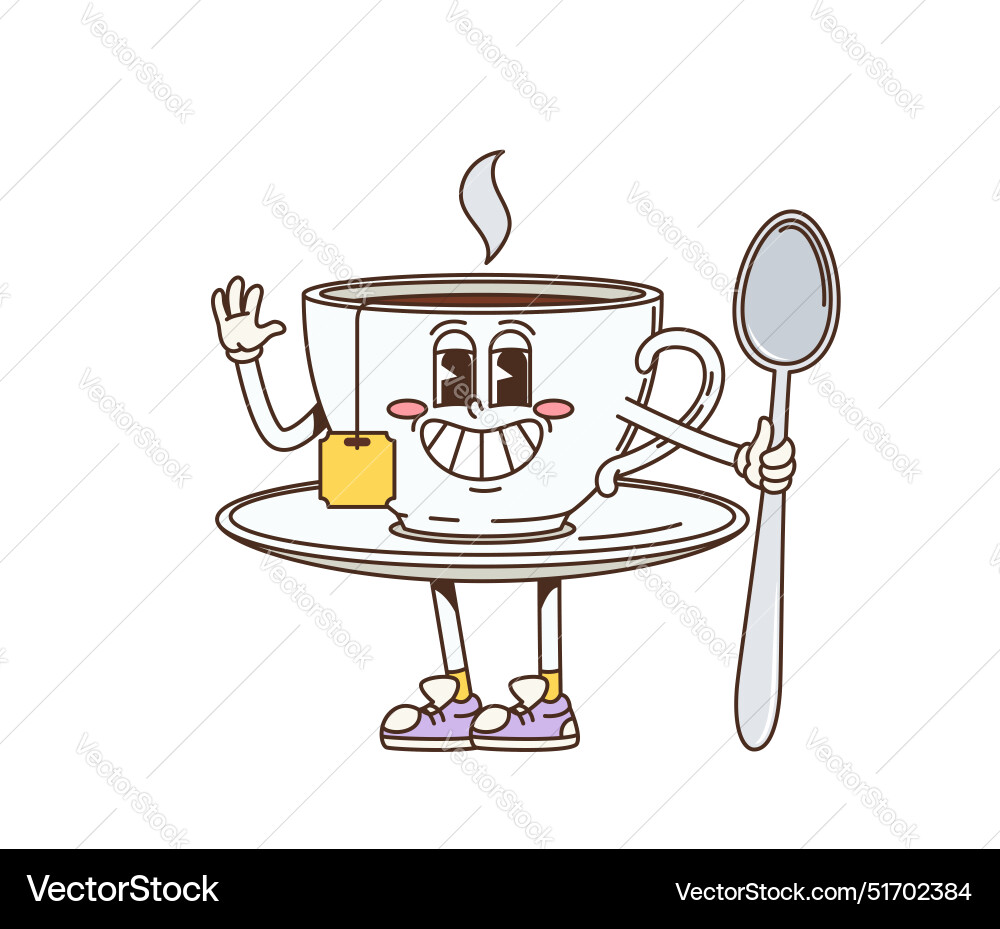 Retro cartoon groovy breakfast tea cup character Vector Image