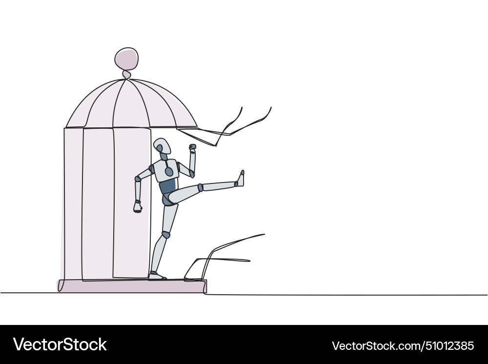 Single one line drawing robot trapped in the cage Vector Image